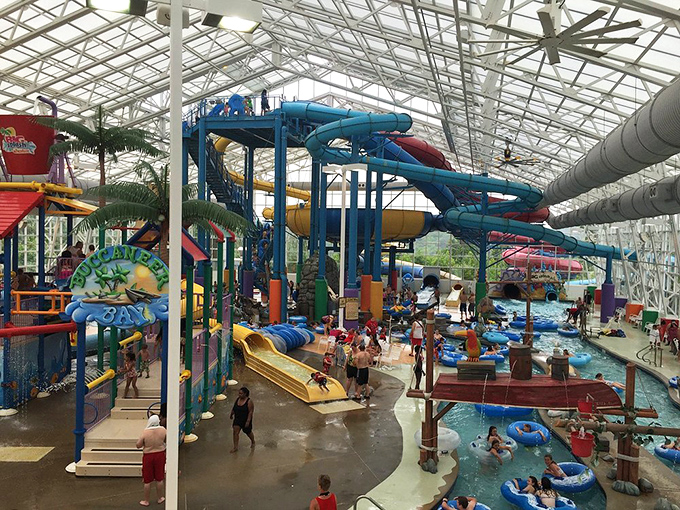 Buccaneer Bay delivers the pirate-themed water adventure you didn't know you needed. The massive tipping bucket is democracy in action—everyone gets equally soaked.