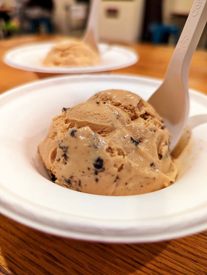 Cookie chunks swimming in caramel base—proof that adulthood comes with privileges like eating cookies and ice cream simultaneously without parental supervision.