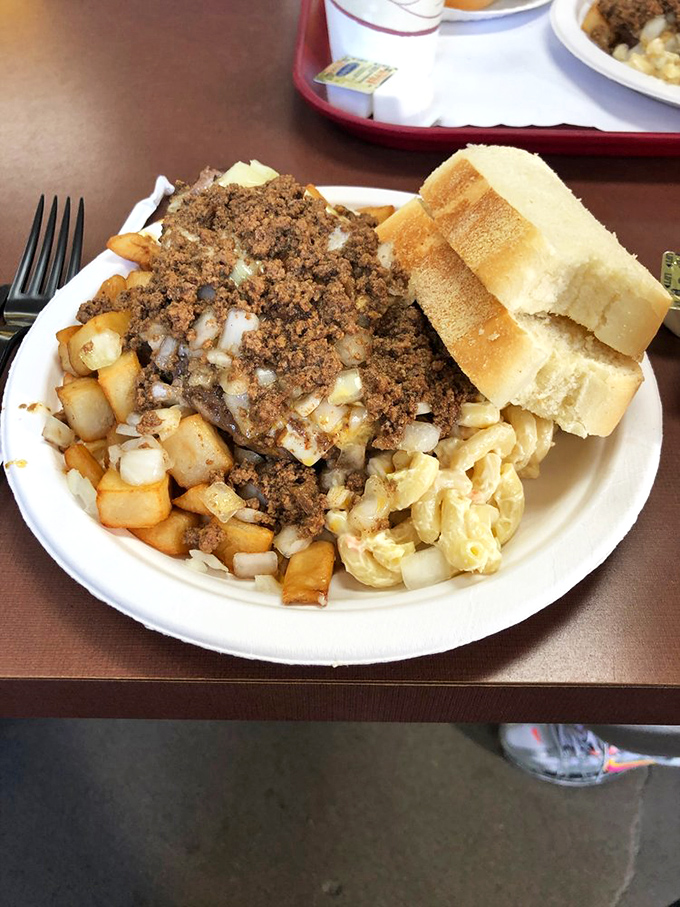 Architecture of deliciousness: mac salad as the foundation, home fries as support beams, hot sauce as roofing, and that bread for structural integrity.