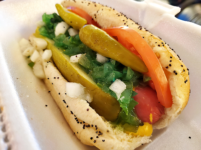 The Chicago dog arrives dressed to impress with its "salad on a bun" finery – a Windy City tradition that blows into Arkansas.