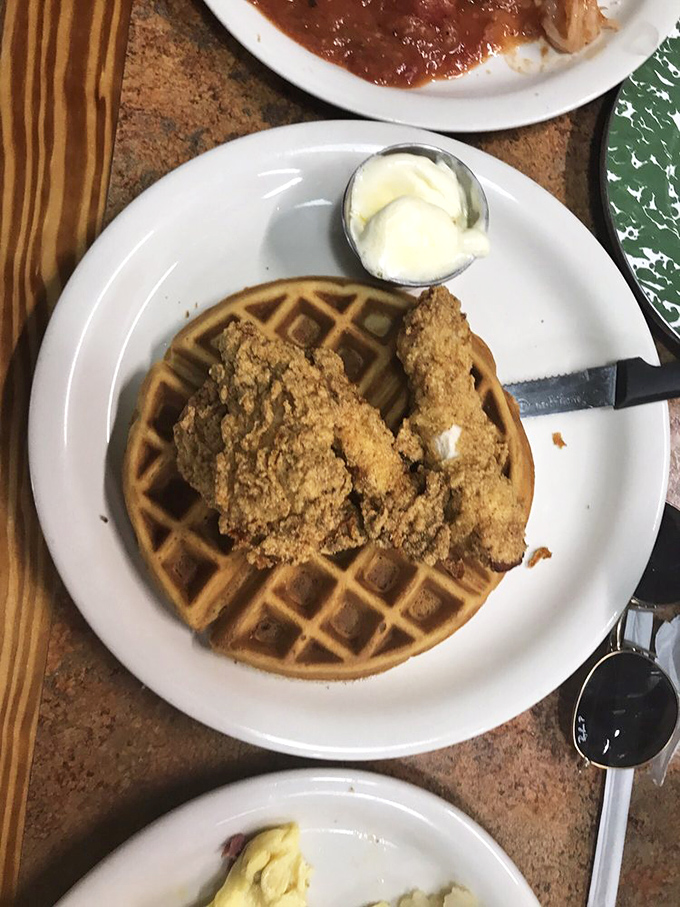 The perfect marriage of savory and sweet. This chicken and waffle plate has ended more arguments than a skilled marriage counselor.