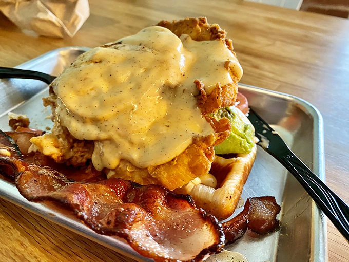 Chicken and waffles: the breakfast-lunch alliance that proves opposites don't just attract&mdash;they create culinary magic. Savory meets sweet in perfect harmony.