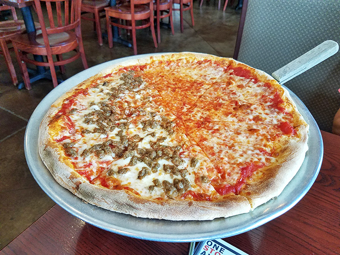 Half cheese, half meat&mdash;the Switzerland of pizzas. A diplomatic solution when your stomach wants it all but your belt says otherwise.