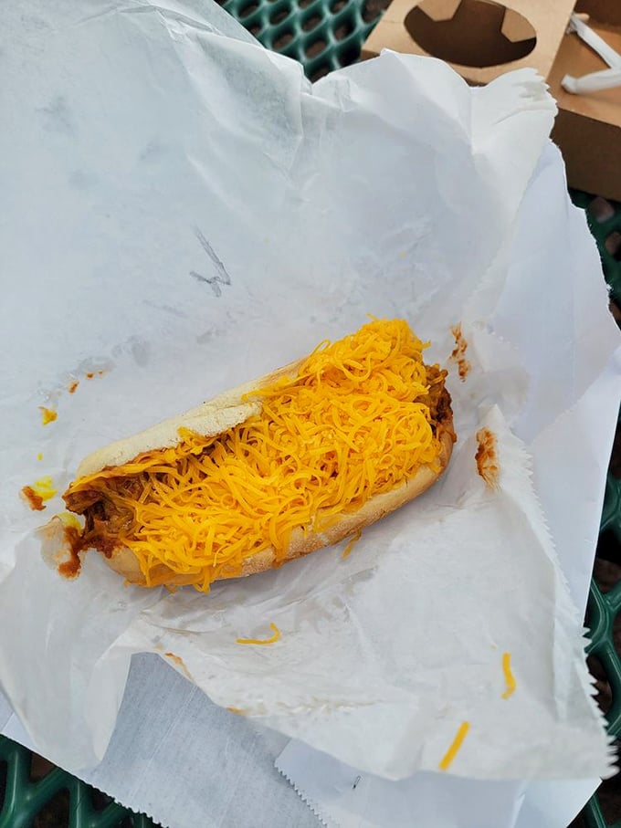 Cincinnati's idea of perfection: a simple hot dog transformed into edible art with that signature chili and generous blanket of shredded cheddar.