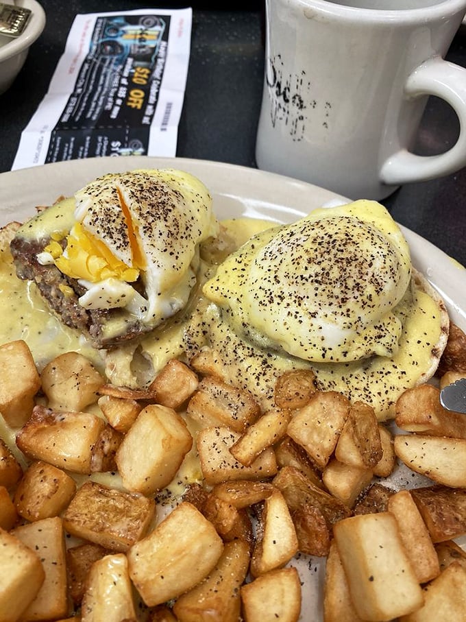 Country Eggs Benedict that makes Sunday brunch jealous. Those crispy potatoes with hollandaise-draped perfection might be worth crossing state lines for.