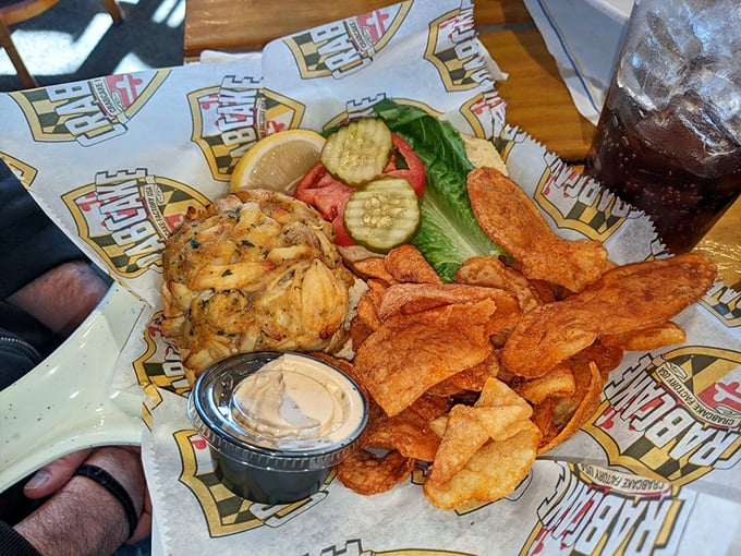 The crab cake sandwich arrives with a supporting cast of crispy chips. A balancing act of texture worthy of Cirque du Soleil.