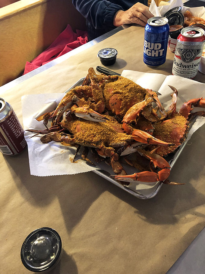 Old Bay-dusted blue crabs, waiting for their ceremonial dismantling. The wooden mallet isn't optional &ndash; it's your passport to flavor country.