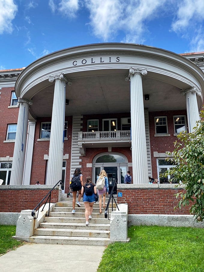 The imposing columns of Dartmouth's Collis Center welcome students and visitors alike. Campus architecture that says "serious learning happens here" without being stuffy about it.