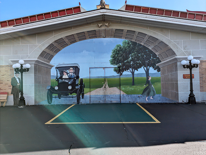 This whimsical mural transforms a simple parking space into a gateway to simpler times. Vintage Americana at its most charming.