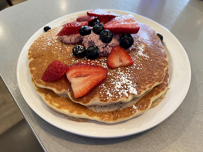 Berry-topped pancakes that blur the line between breakfast and dessert. Who made these rules anyway? And why did we ever listen to them?