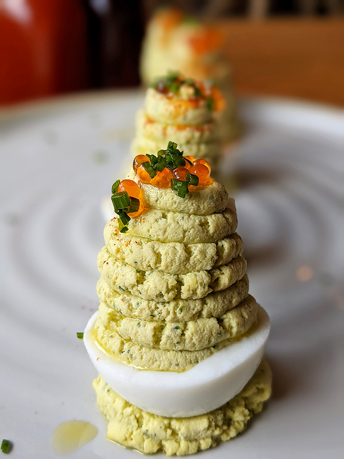 Architecture on a plate! These deviled eggs are constructed with the precision of a Southern skyscraper and twice the flavor payload.