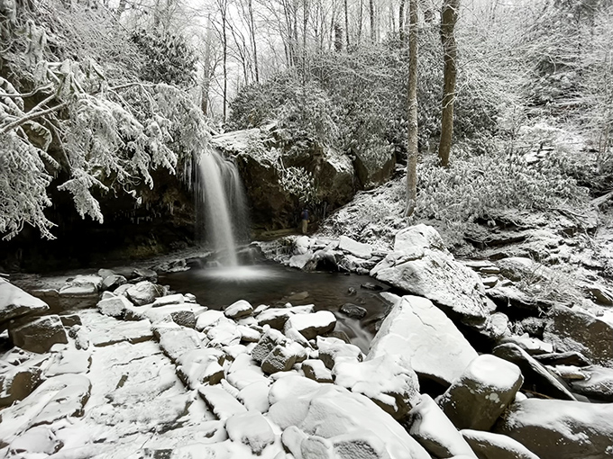 Winter transforms Grotto Falls into nature's ice sculpture garden. Suddenly that "refreshing mist" becomes an invitation to marvel from a respectful distance.