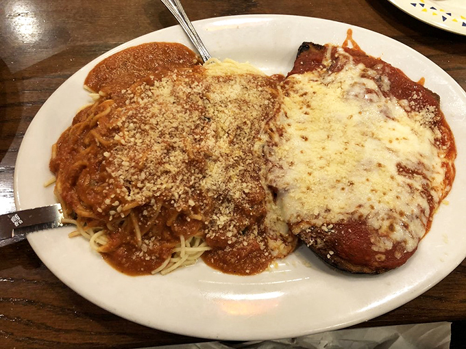 Half eggplant parmigiana, half spaghetti&mdash;the kind of perfect 50/50 relationship your therapist would approve of.
