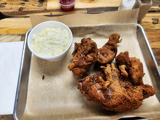 Fried chicken that deserves its own hall of fame. That crust could win awards for both appearance and crunch factor. 