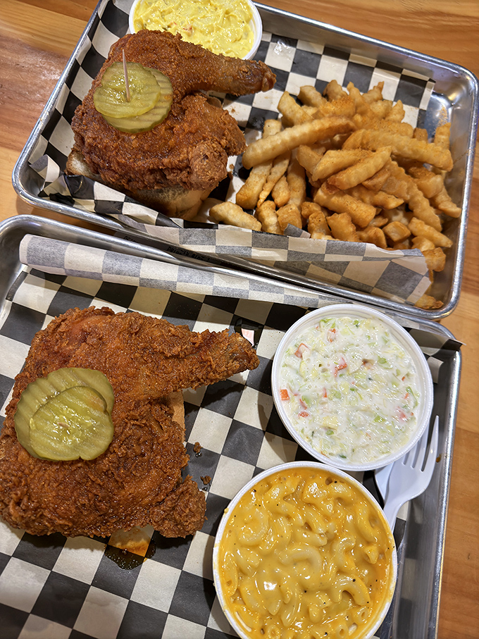 A full spread that answers life's important question: "Yes, you absolutely need both mac and cheese AND coleslaw to survive this experience."