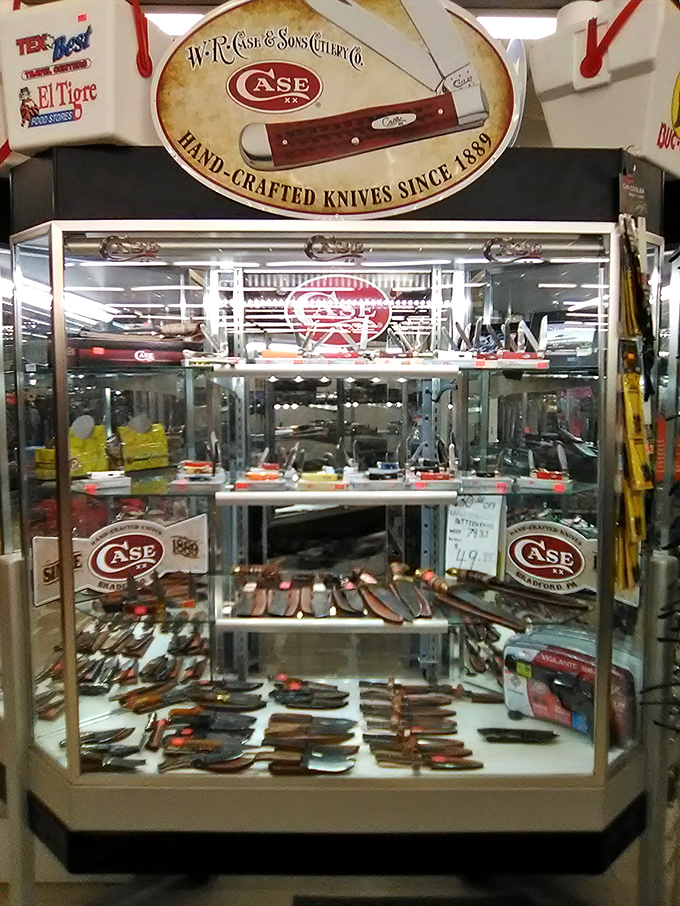 Case knives display showcases American craftsmanship that would make your grandfather nod in approval. Quality tools at outlet prices.