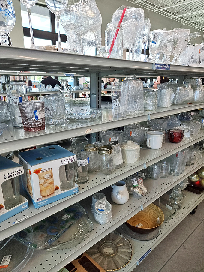 Glassware galore! From everyday tumblers to fancy stemware, this aisle holds everything you need to toast your thrifting success.