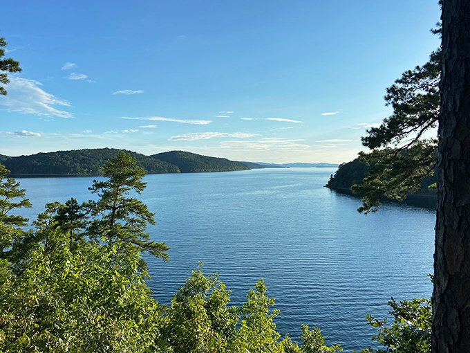 Fifty shades of blue! Lake Ouachita's pristine waters stretch to the horizon, cradled by the Ouachita Mountains like nature's infinity pool.