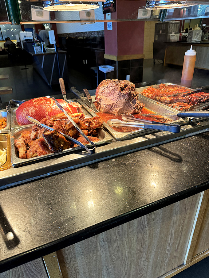 The carving station &ndash; where meat meets destiny. That roast beef has been preparing its whole life for this moment of glory.