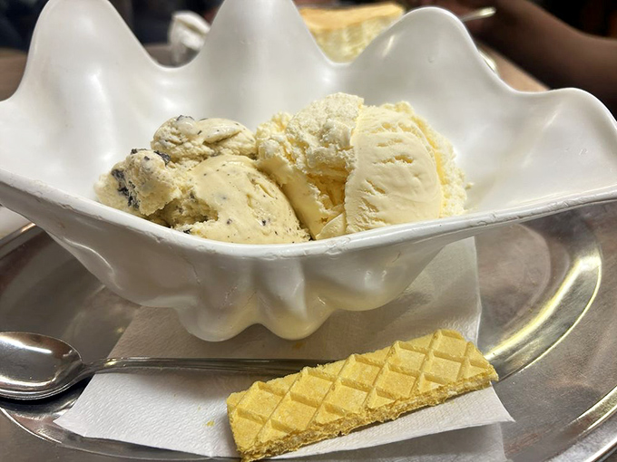 Those impossibly creamy scoops paired with the crisp wafer cookie create a textural duet that Mozart himself would have appreciated.