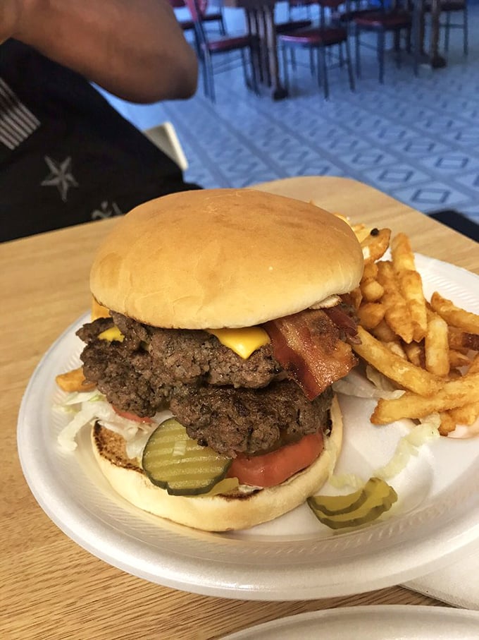 The Monkey Burger doesn't monkey around &ndash; this double-decker masterpiece with all the fixings means serious business for your taste buds.