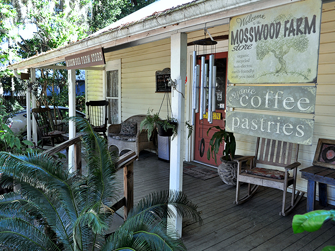 Mosswood Farm Store's front porch feels like a movie set, but the "organic coffee" and "pastries" signs promise something better than fiction&mdash;actual deliciousness.