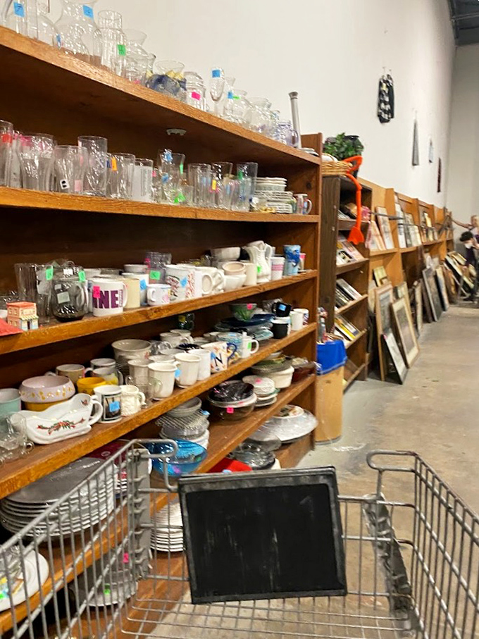 The ladies' section stretches toward the industrial ceiling like a department store designed by thrift gods. Color-coded for your bargain-hunting pleasure! 