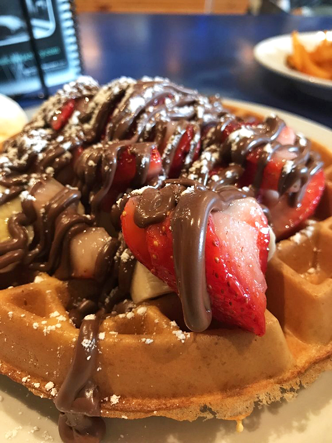 Chocolate-covered strawberries found their true calling atop this waffle. The chocolate drizzle creates edible art that's almost&mdash;almost&mdash;too beautiful to destroy with a fork.