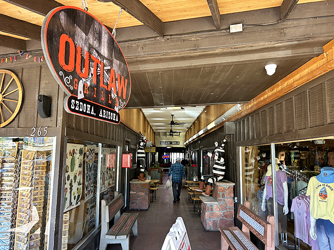 Outlaw Grille lives up to its rebellious name with a Western-themed corridor that practically begs you to mosey on in.