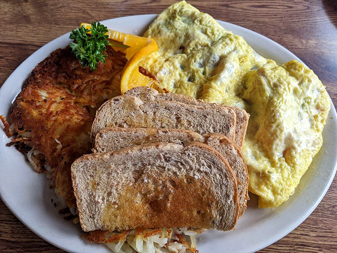 Golden hash browns, perfectly toasted bread, and eggs that would make a chicken proud&mdash;breakfast simplicity elevated to an art form.