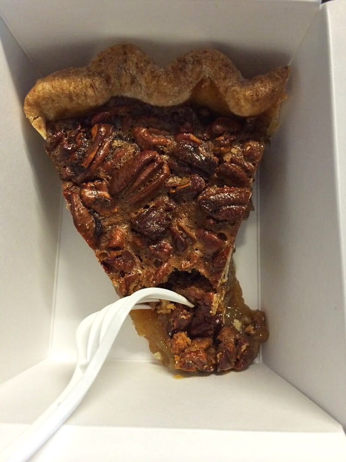 To-go packaging that promises joy will follow you home. This slice of pecan heaven won't make it to your fridge&mdash;trust me.