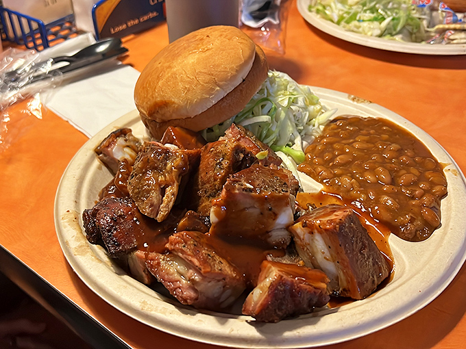 A barbecue plate that makes you question why you ever bothered with fancy dining. The beans alone deserve their own fan club.