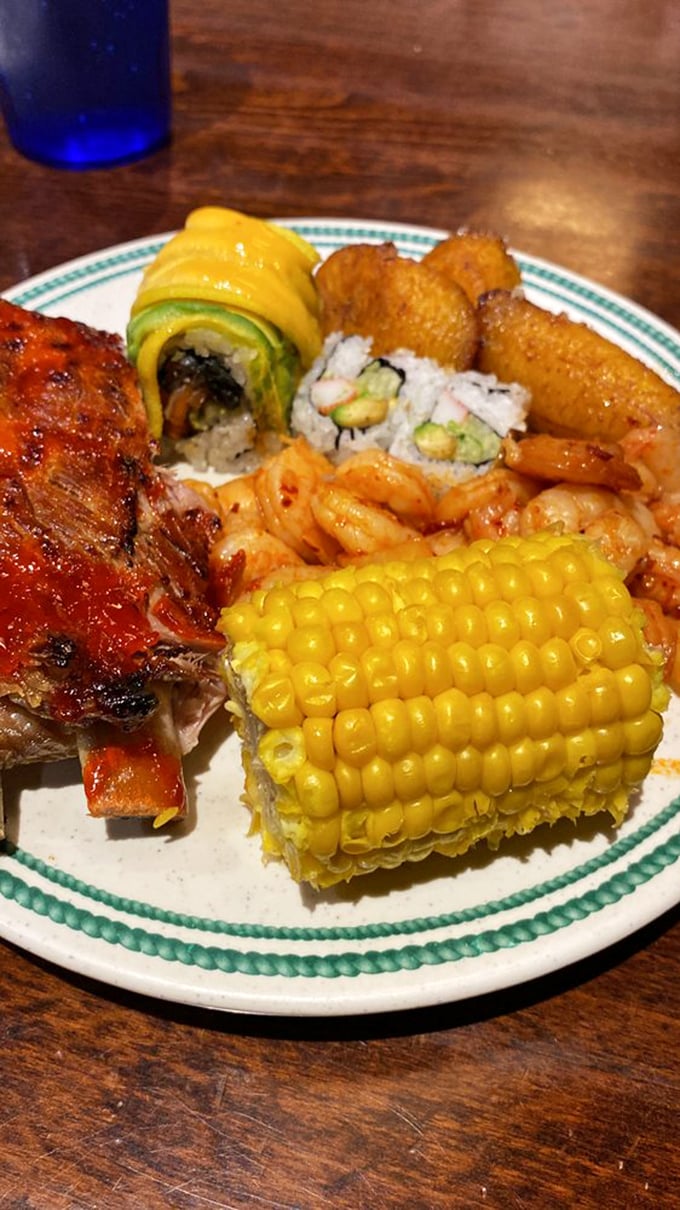 The plate that has it all&mdash;barbecued ribs, plump shrimp, sushi, and corn on the cob. A United Nations summit of flavors that somehow works.