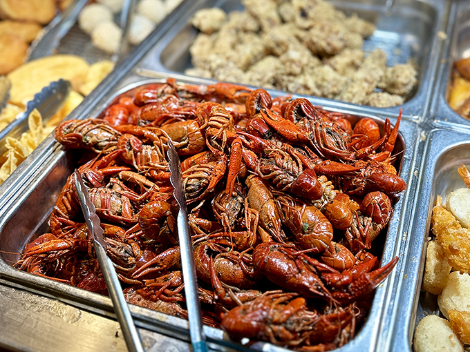 The crowning glory of weekend visits: these crawfish huddle together like tiny red celebrities, causing a subtle shift in dining room energy.