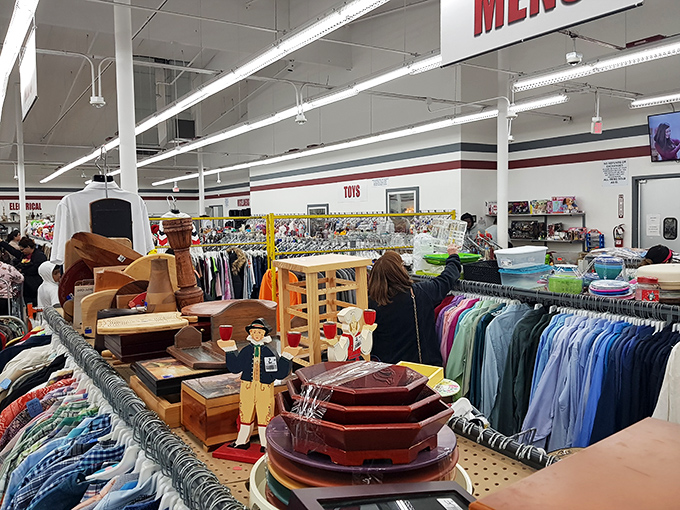 The men's section: where vintage Hawaiian shirts neighbor business attire, and shoppers hunt for that perfect "where did you get that?" piece.