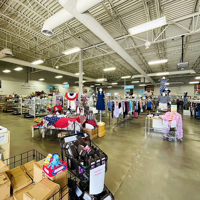 Wide aisles and bright lighting transform the thrifting experience from "chaotic rummage" to "archaeological expedition." Indiana Jones would approve.