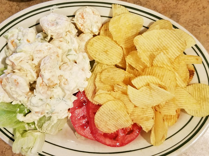Shrimp salad that doesn't skimp on the shrimp, paired with chips that never met a potato they didn't like.