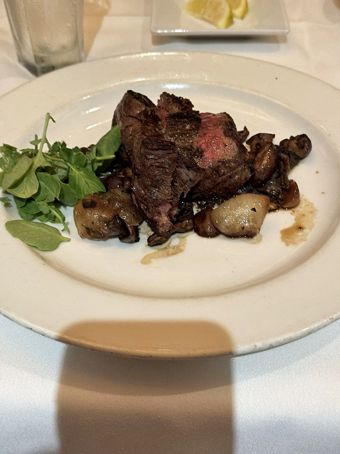 Perfectly pink slices lounging on a bed of mushrooms &ndash; the beef equivalent of someone who wakes up looking Instagram-ready. 