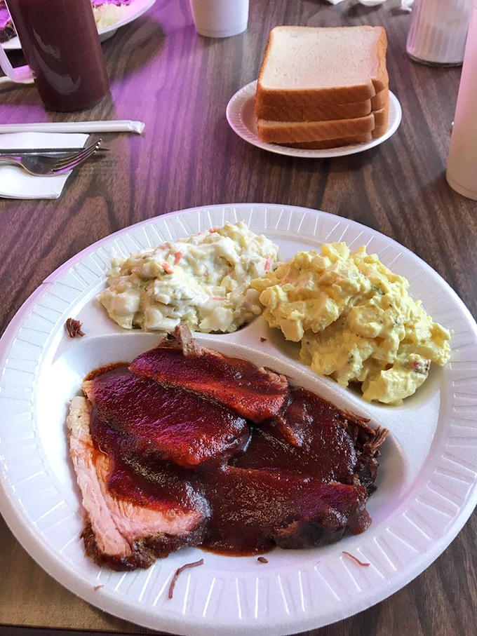 This isn't just a plate of barbecue; it's a color palette of deliciousness where smoke-kissed meat plays the starring role alongside creamy sides.
