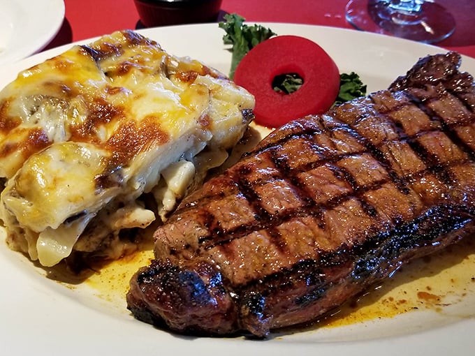 Steak and potatoes got dressed up for the prom. Those perfect grill marks aren't just decoration—they're flavor tattoos.