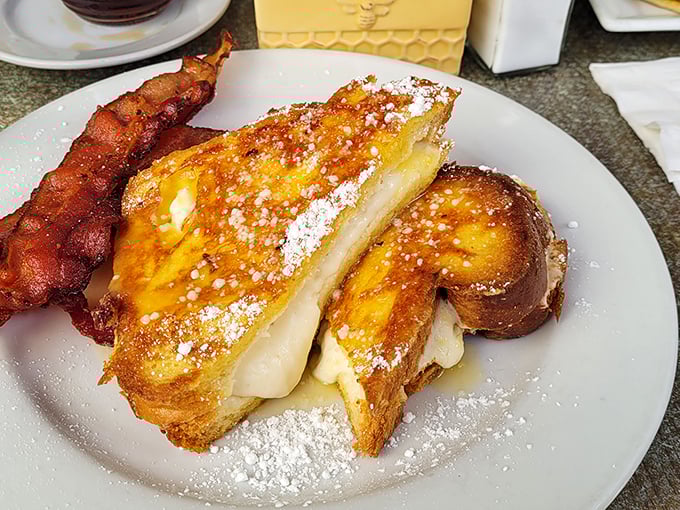 Golden-crisp exterior, cloud-soft interior, with mascarpone cream oozing from every bite. The bacon is just there to make it legal for breakfast.