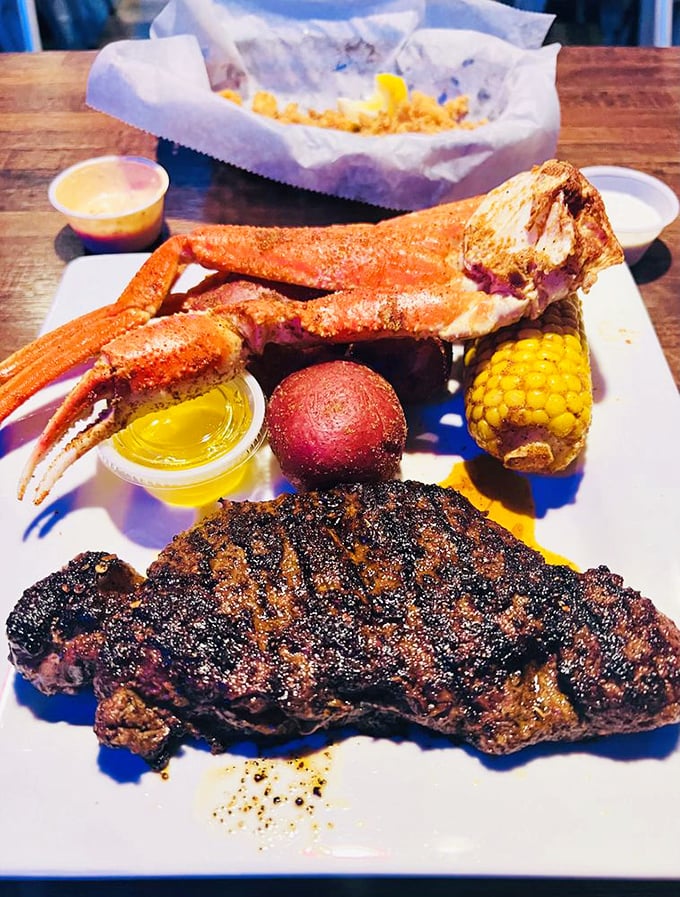 The surf and turf that launched a thousand road trips. That steak and crab leg combo is what food dreams—and subsequent naps—are made of.