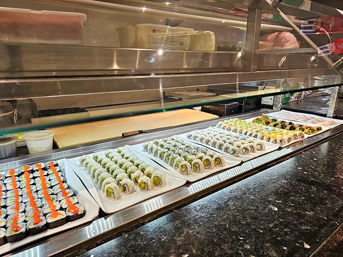 The sushi station offers a rainbow of rolls that would make any fish proud to participate. Ocean-to-table via buffet magic.