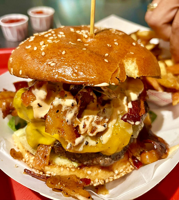 The Cowboy isn't just a burger&mdash;it's a flavor rodeo with bacon, cheddar, and grilled onions riding into the sunset of deliciousness.