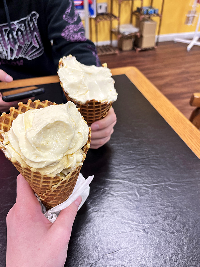 Vanilla so far from "vanilla" it should have its own synonym. The waffle cone, a homemade masterpiece, plays supporting actor to the creamy star.