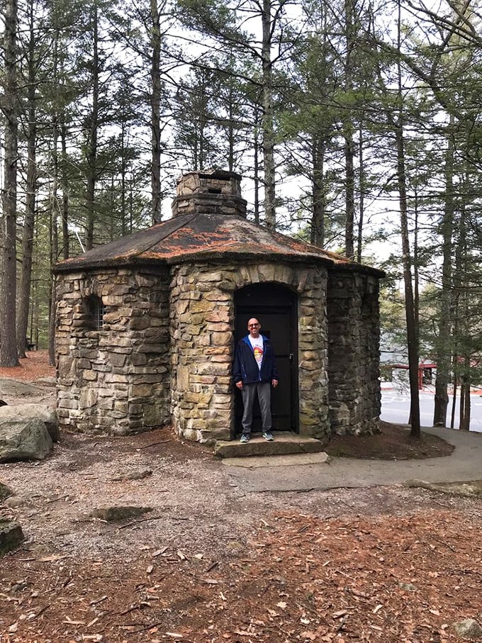 This charming stone structure looks like it was plucked from a fairy tale. Built during the 1930s, it stands as a testament to craftsmanship that complements its natural surroundings.