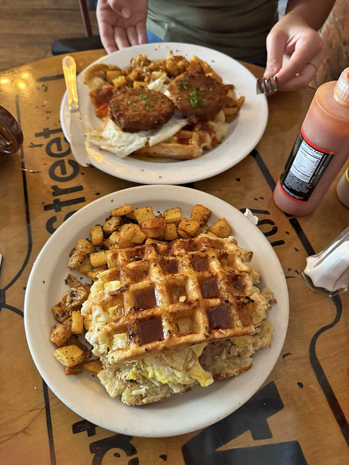 Breakfast sandwich architecture at its finest. When waffles replace bread, Monday mornings suddenly have potential.