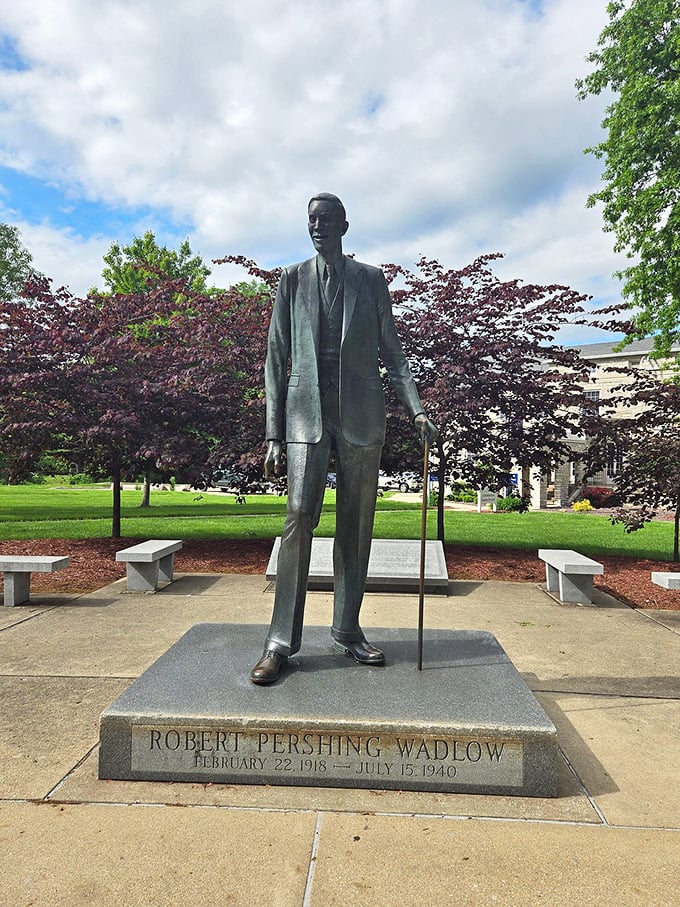 Standing tall in Alton's history: This statue commemorates Robert Wadlow, whose extraordinary height matched only by the town's monumental hospitality and down-to-earth values.