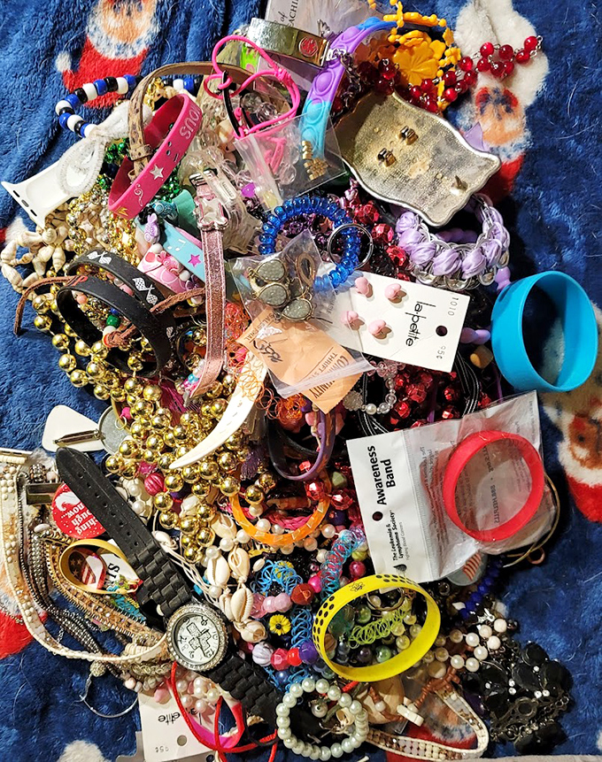 A kaleidoscope of jewelry awaits new wrists and necks. Like archaeological artifacts from the not-so-distant past, each piece carries its own history.