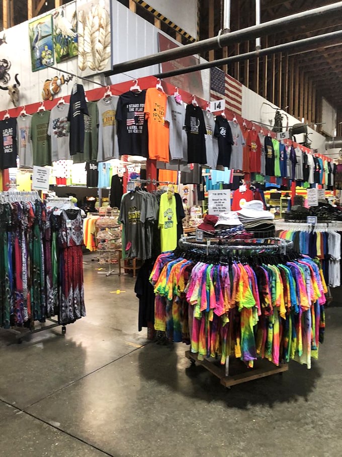 A rainbow explosion of tie-dye meets practical Florida fashion. Your vacation wardrobe upgrade is waiting somewhere in this colorful chaos.